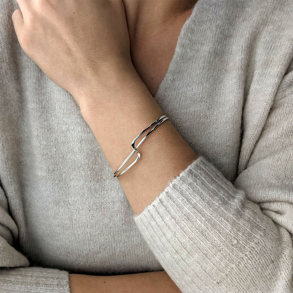 Double Row Twist Band Wave Crossover Cuff Bangle | Sterling Silver | Silverly