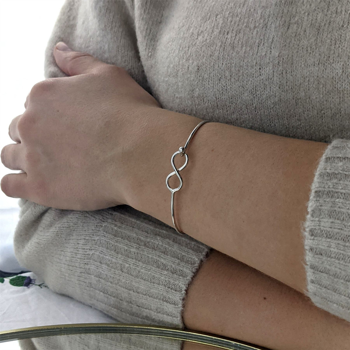 Sterling Silver Thin Wire Infinity Symbol Bangle - Hook Clasp | Silverly