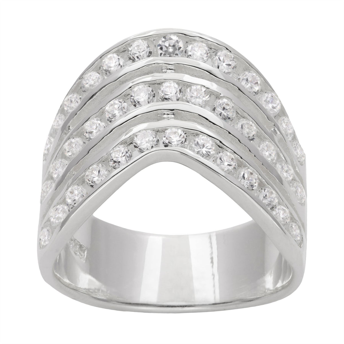 Sterling Silver Cubic Zirconia Channel Set Wide Triple Chevron Ring ...