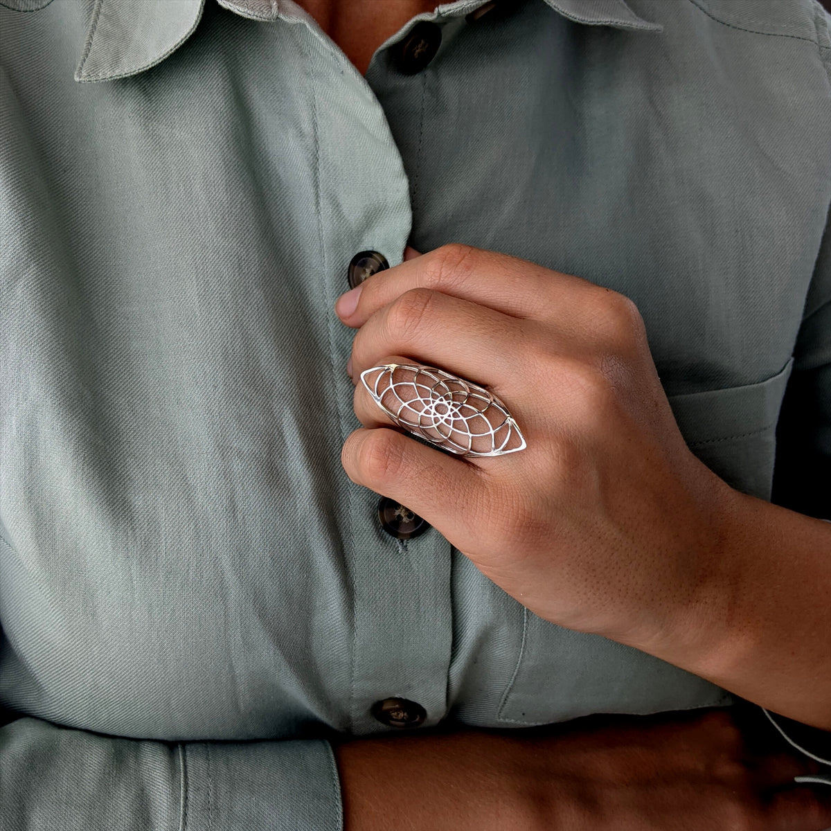 Sterling Silver Wide Cut-Out Flower of Life Armour Half-Finger Ring ...