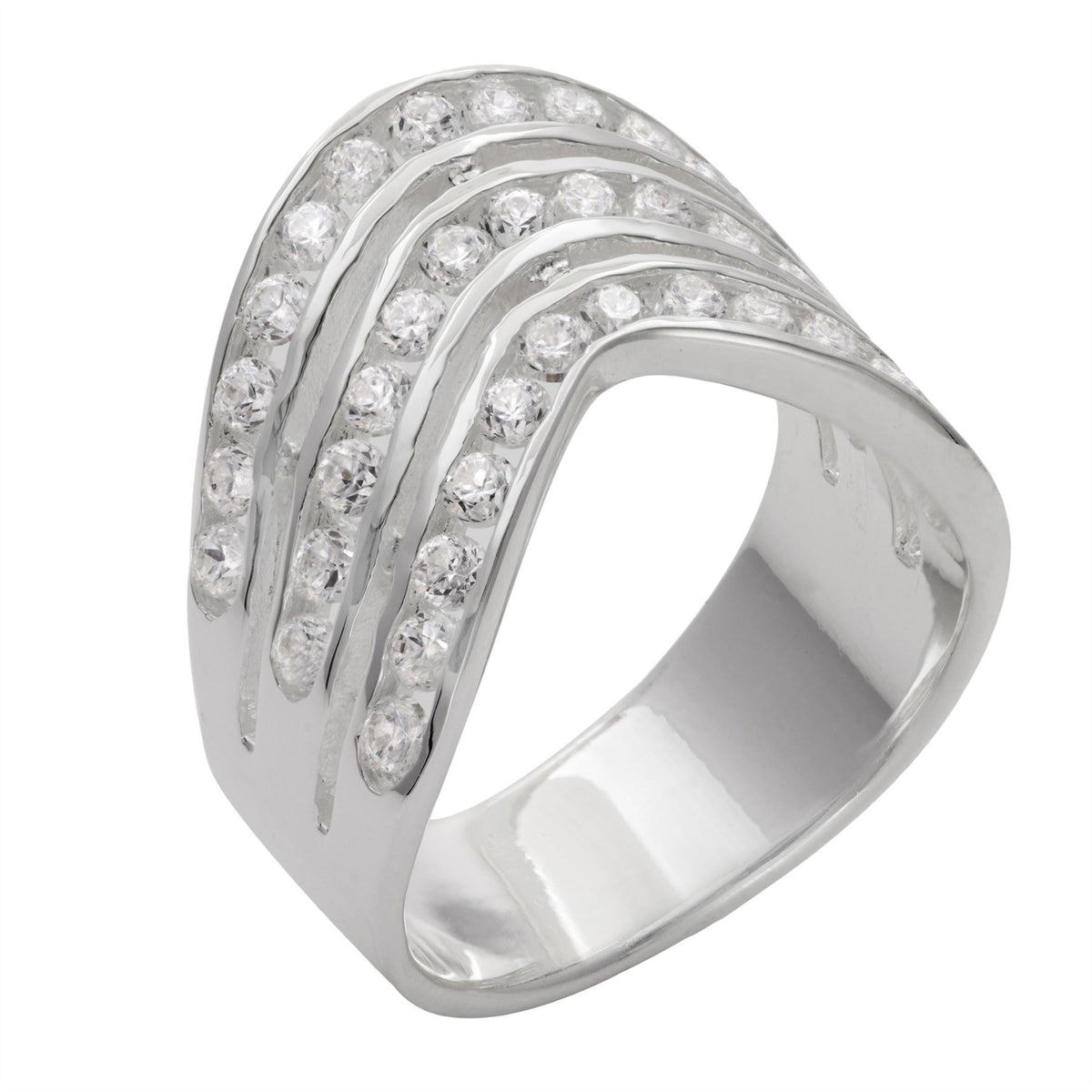 Sterling Silver Cubic Zirconia Channel Set Wide Triple Chevron Ring ...
